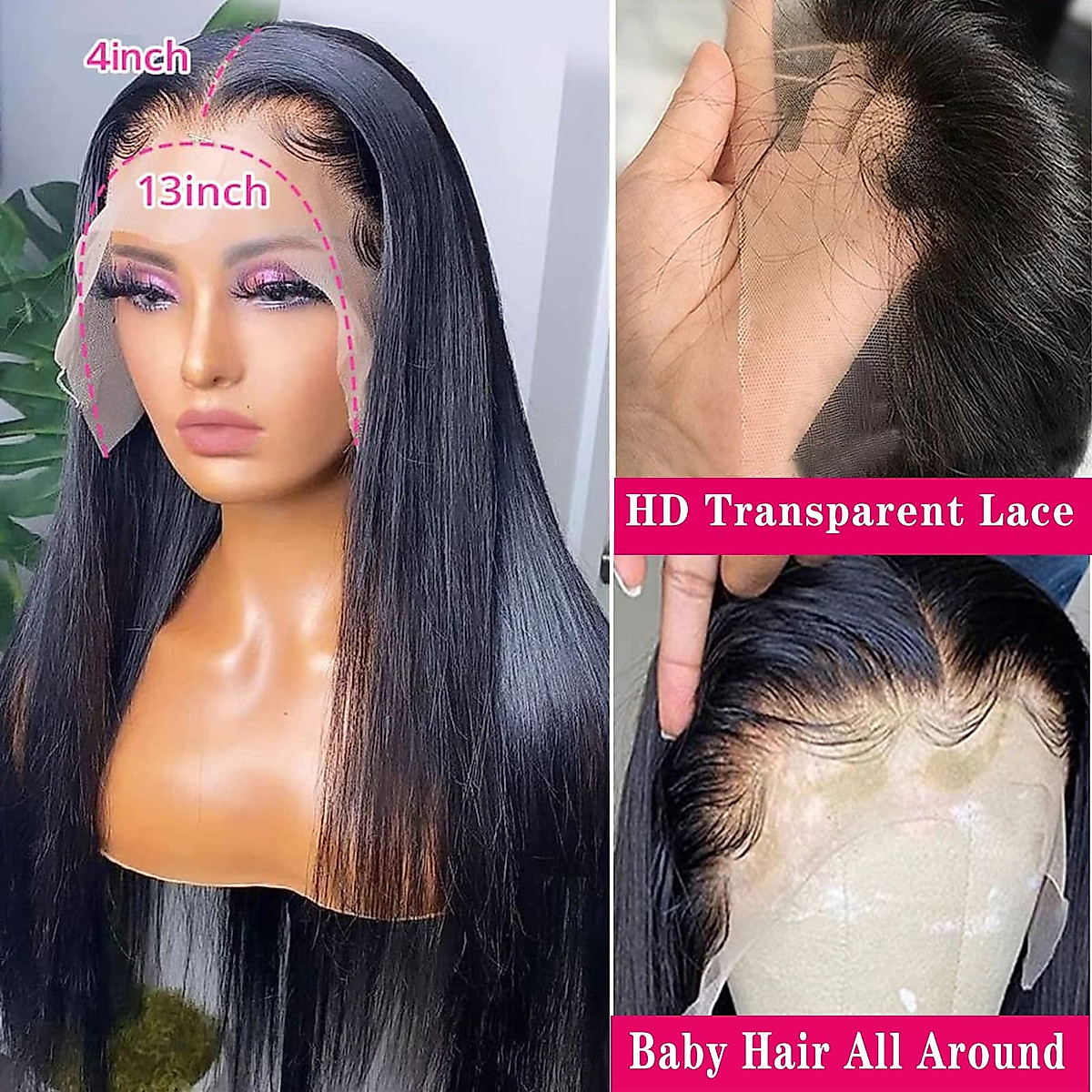 Lace Front Wigs Human Hair Straight 13x4 HD Lace Frontal Wigs Human Hair Pre Plucked with Baby Hair 180% Density Glueless Brazilian Virgin Human Hair Wigs for Black Women Natural Color (18Inch)