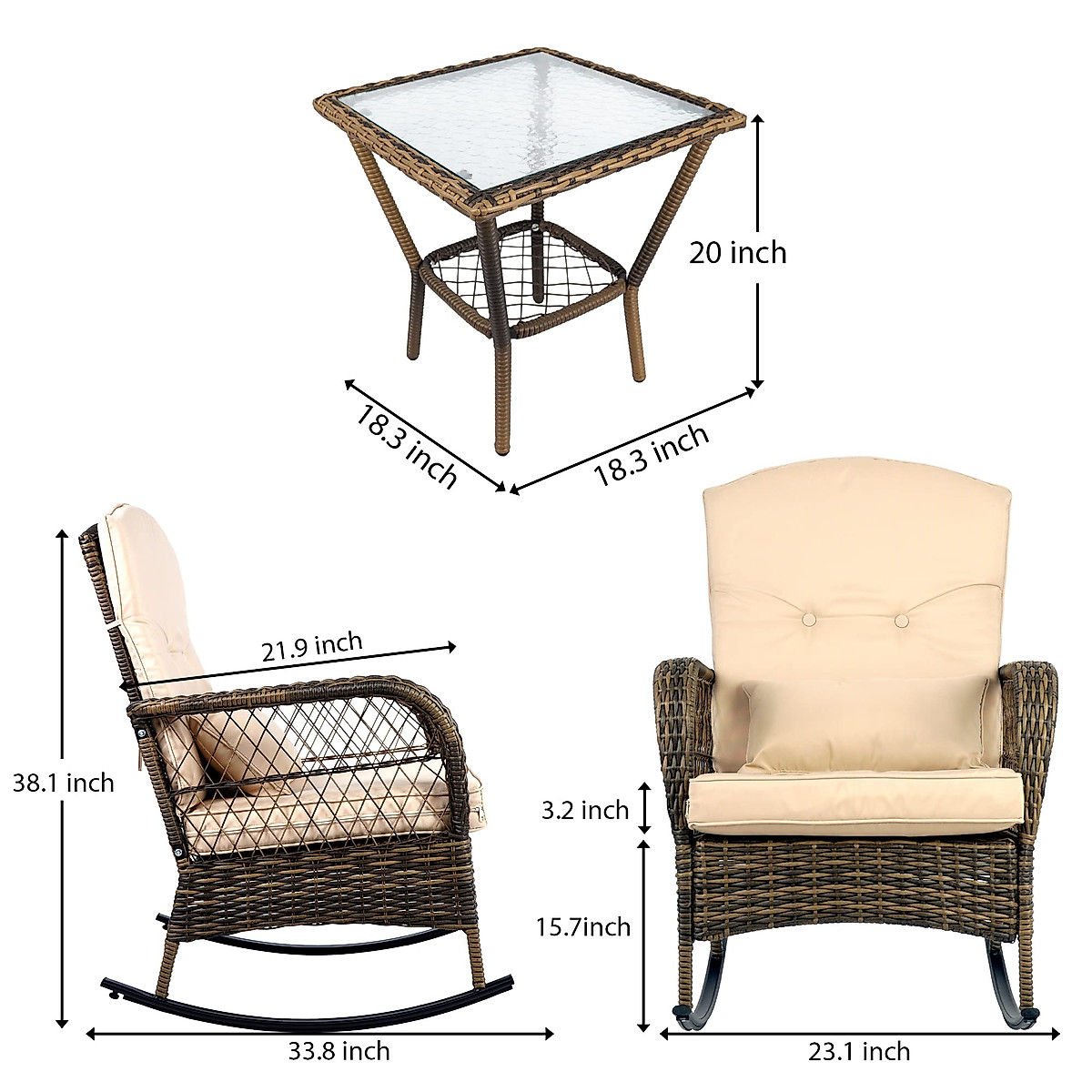 IBITION 3-Piece Outdoor Rocking Chairs Set of 2， Wicker Patio Furniture Modern Rattan Chair Conversation with Cushions & Glass Table for Garden,Backyard, Bistro(Khaki)