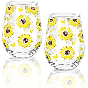 AnyDesign Sunflower Stemless Wine Glasses Summer Drinking Glasses Set of 2 Yellow Flower Butterfly Glasses for Bridal Party Wedding Whiskey Beer Farmhouse Kitchen Home Decor Father's Day