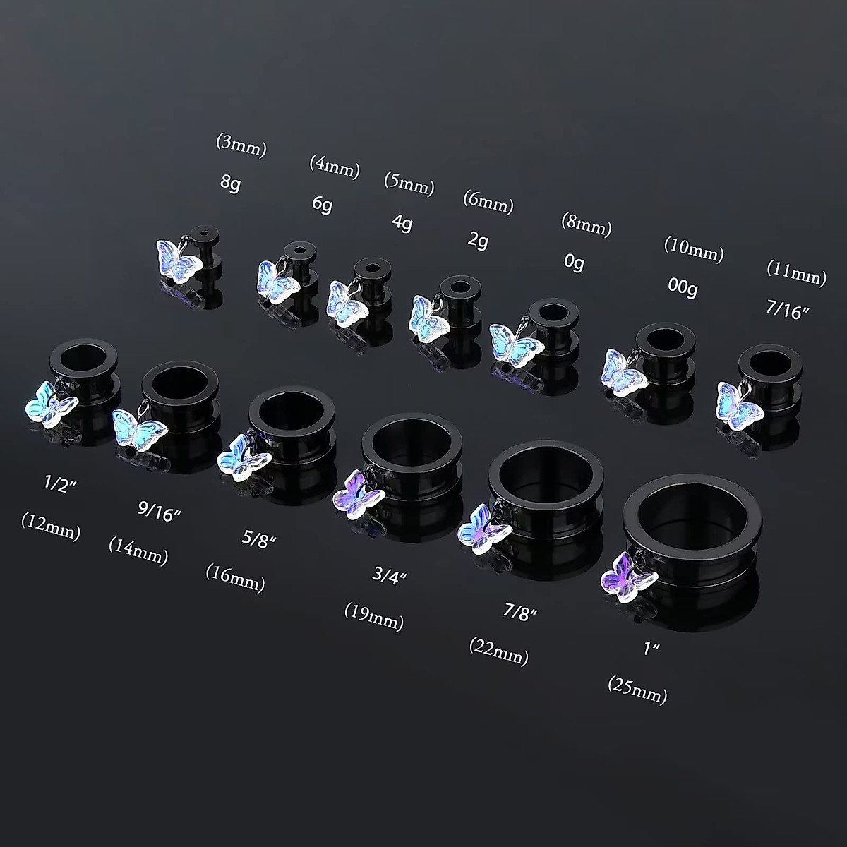 COCHARM 2PCS 00g Black Ear Gauges for Women 10mm Dangle Screw on Back Gauge Earrings Stainlessl Steel Black 00 Gauge Tunnels for Ears Dangling Butterfly 00g Plugs Gauges