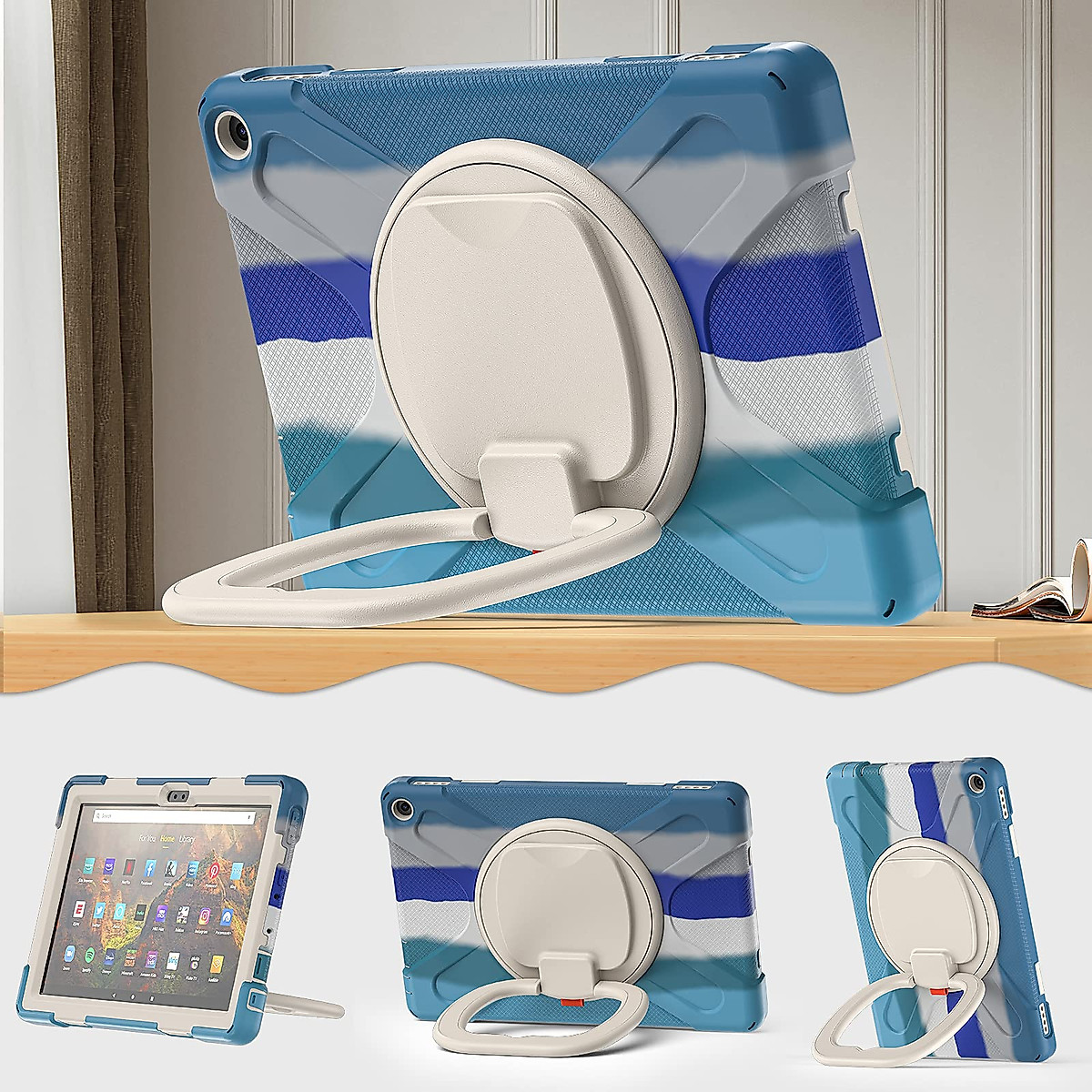 360 ° Rotation Portable Case for Fire HD 10 & HD 10 Plus Tablet（11th Generation, 2021 Release Rugged Case Rotating Stand Hand Strap Shoulder Carrying Strap Outdoor Cover (Colourful Blue)