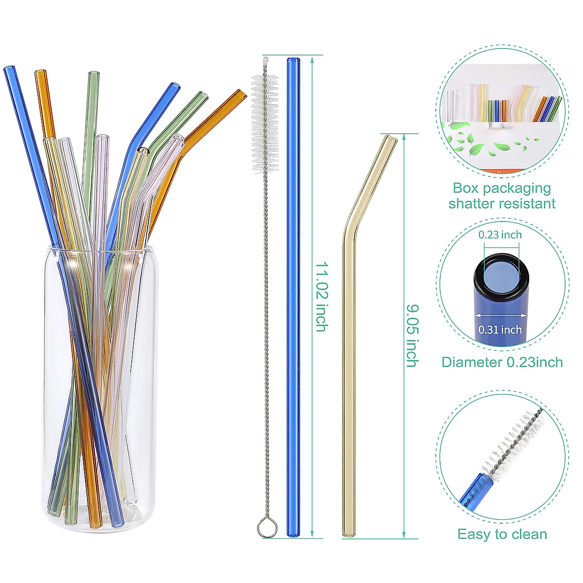 [12 Pcs] Reusable Colorful Long Glass Straws - 11" x 8mm and 9" x 8mm Shatter Resistant Each Including 3 Straight and 3 Bent with 2 Cleaning Brush Perfect for 30 oz 20 oz Tumblers Juice Coffee