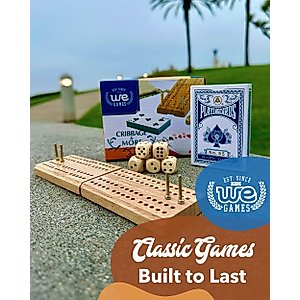 WE Games Cribbage Board Game Set, Travel Crib Board with Storage Slot and Drawstring Bag for Card Storage, Foldable 2 Track Cribbage Board with Cards, Metal Pegs and Dice, Mini Board Games