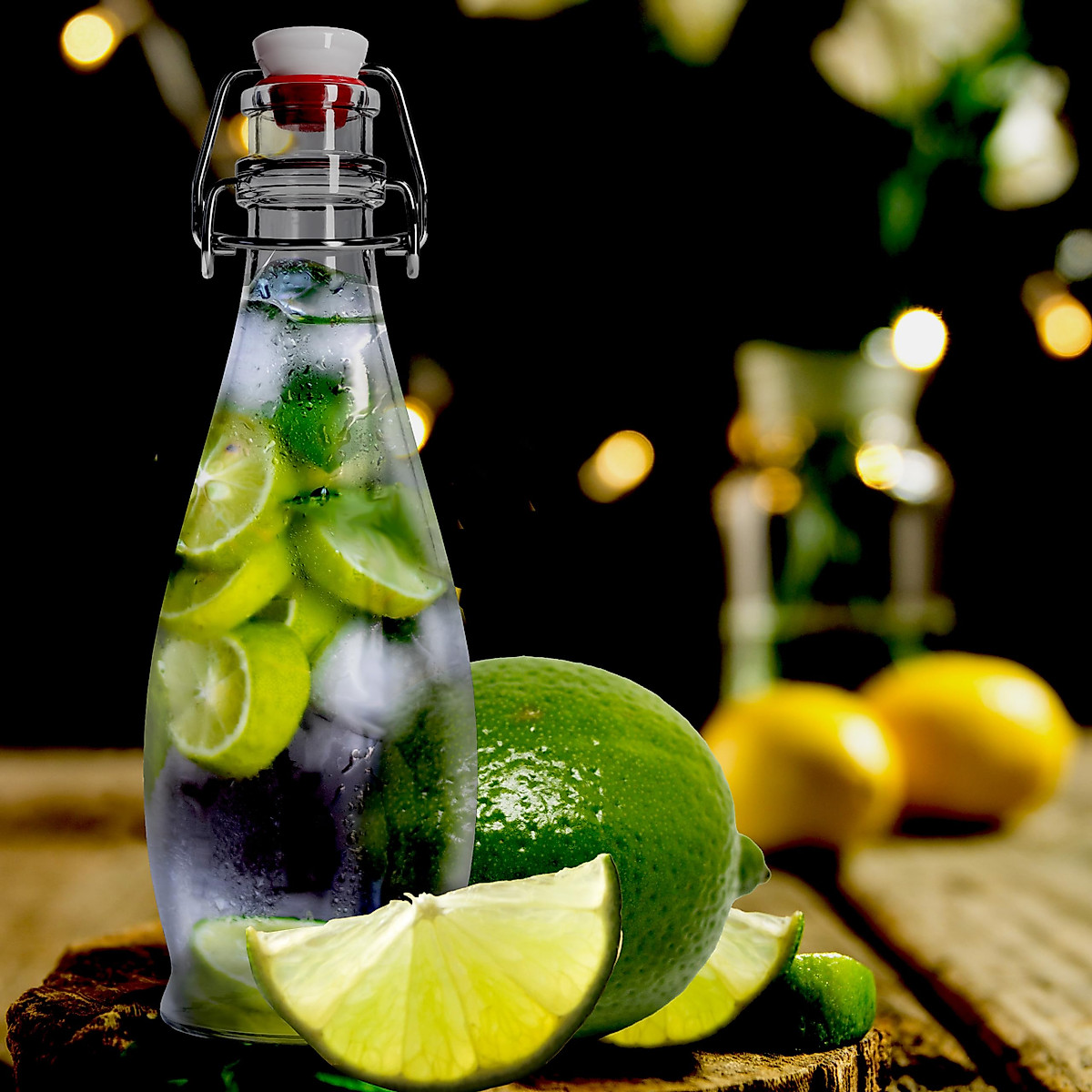 Nevlers Set of 6 | 8.5 Oz. Glass Bottle Set with Swing Top Stoppers and Includes Bottle Brush, Funnel and Gold Glass Marker | Swing Top Glass Bottles | Clear Glass Water Bottle