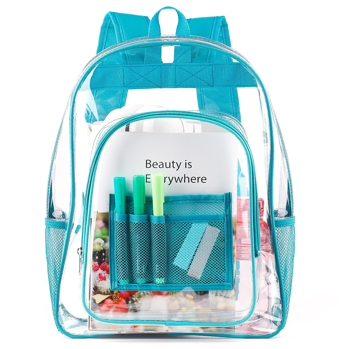 Clear Backpack Heavy Duty with Reinforced Straps, Side Pockets for Kids, Boys, Girls, School - Turquoise,Teal