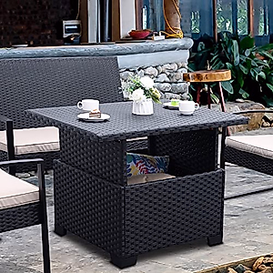 Outdoor PE Wicker Liftable Coffee Table - Patio Rattan Garden Furniture Multi-Functional Storage Tea Table, Black