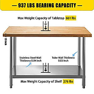 VEVOR Maple Top Work Table, 48x24 Inches, Stainless Steel Wood Kitchen Prep Table with 937 LBS Load Bearing, Kitchen Island Table with Lower Shelf and Adjustable Feet, Outdoor Prep Table for Kitchen