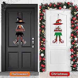 Reversible Witch Halloween Decor/Christmas Decorations for Home Indoor Outdoor, 25×10 inch Wooden Happy Halloween Wall Porch Door Sign Hanging Decor, Merry Grinchmas Door Decor Xmas Holiday Decoration