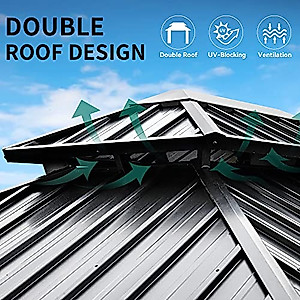 YITAHOME 10x12ft Hardtop Gazebo with Nettings and Curtains, Heavy Duty Double Roof Galvanized Steel Outdoor Combined of Vertical Stripes Roof for Patio, Backyard, Deck, Lawns, Gray
