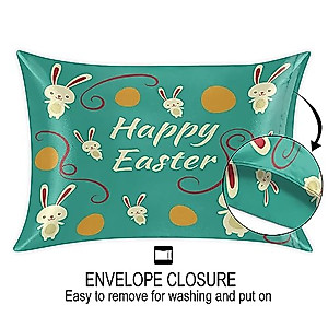 Bunny Happy Easter Satin Pillow Cases Silk Satin Pillowcase for Hair and Skin Standard Set of 2 Super Soft Silk Pillowcase with Envelope Closure (20x26 in)