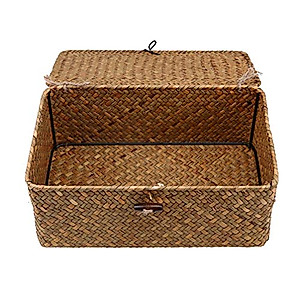 BESPORTBLE Storage Basket Basket with Lid, Seaweed Handwoven Woven Storage Box Desktop Sundries Storage Rattan Basket with Buttons 1Pc - Size S Baskets