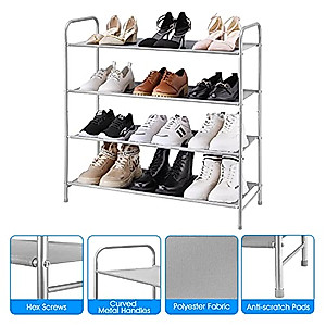 MAX Houser Shoe Rack Storage Organizer 4 Tier Free Standing Fabric Shoe Shelf Compact Shoe closet Organizer Stand Shoe Rack Shelf for 12-20 Pairs, for Entryway Closet Bedroom (Light Gray)