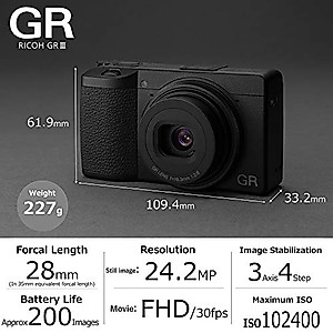Ricoh GR III Digital Compact Camera, 24mp, 28mm F 2.8 Lens with Touch Screen LCD