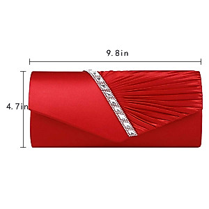 Goclothod Evening Clutch Handbag Women Fashion Pleated Crystal-Studded Crossbody Shoulder Bag Chain Clutch Purse (Red)