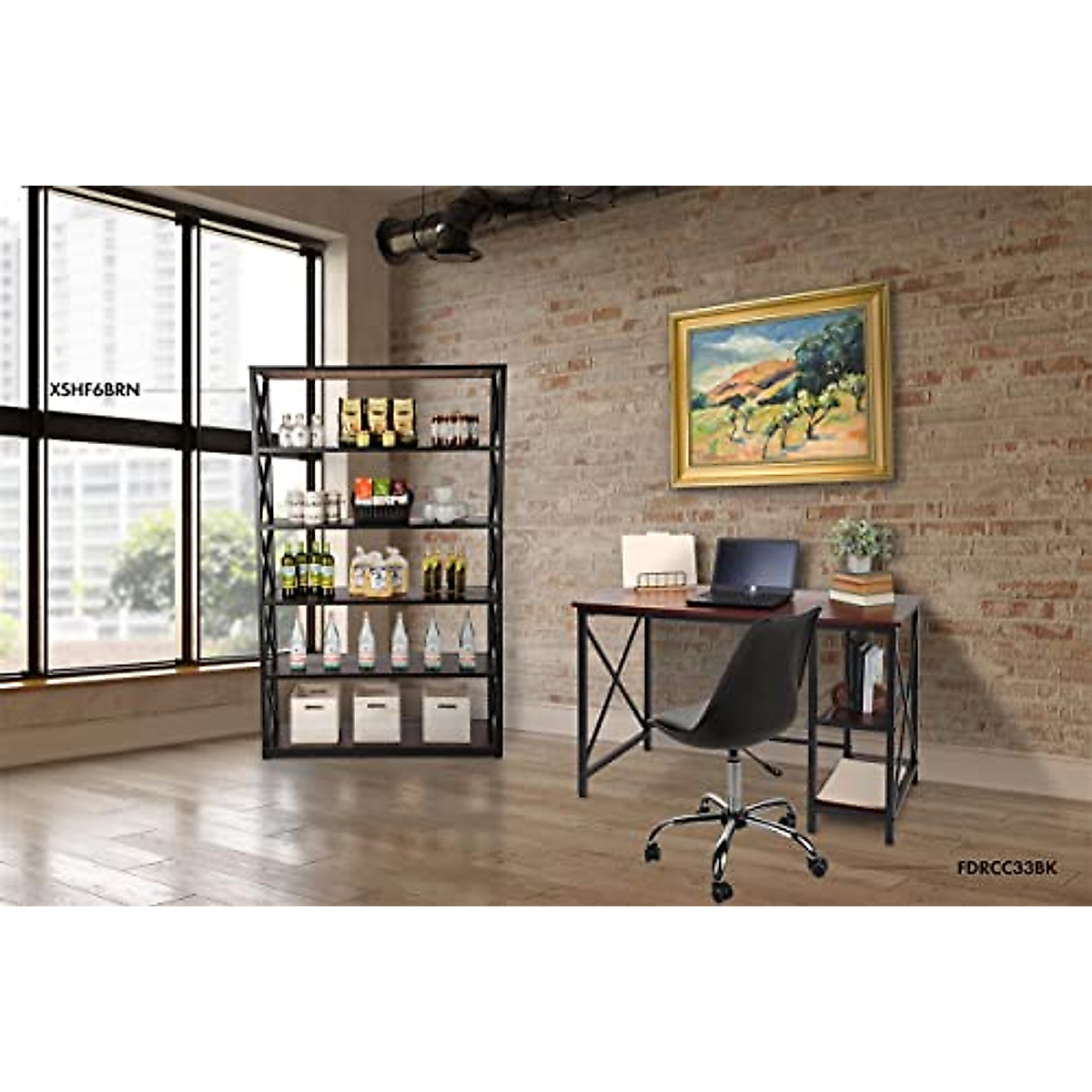 Displays2go Industrial-Style Desk, Two Shelves, Steel X Sides - Dark Wood Tone (FDXDESKBRN)