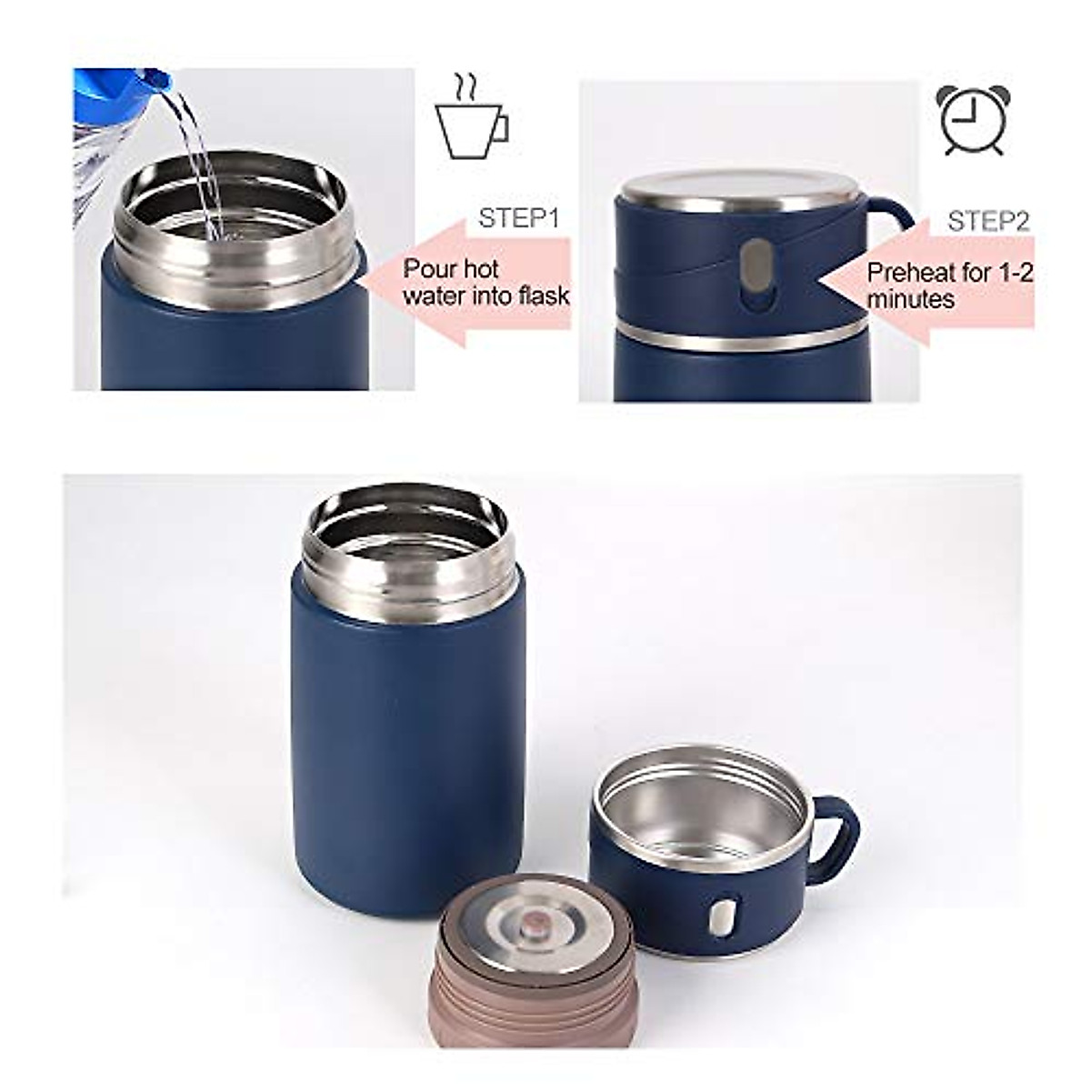 Food Thermos, 27oz Wide Mouth Soup Thermos for Hot Food with Folding Spoon, Insulated Food Jar, Leak Proof Stainless Steel Vacuum Lunch Container Flask Bento Box for Kids Adult (Blue)