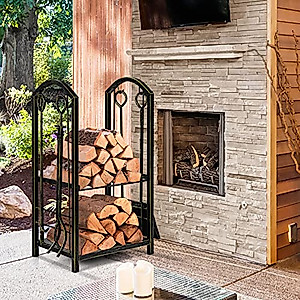 Goplus Firewood Rack with 4 Fireplace Tools, Wrought Iron Log Holders with Poker, Tong, Brush and Shovel, Indoor Outdoor Lumbar Storage Rack, Fireplace Tools Sets for Fire Pit, Wood Stove, Bronze