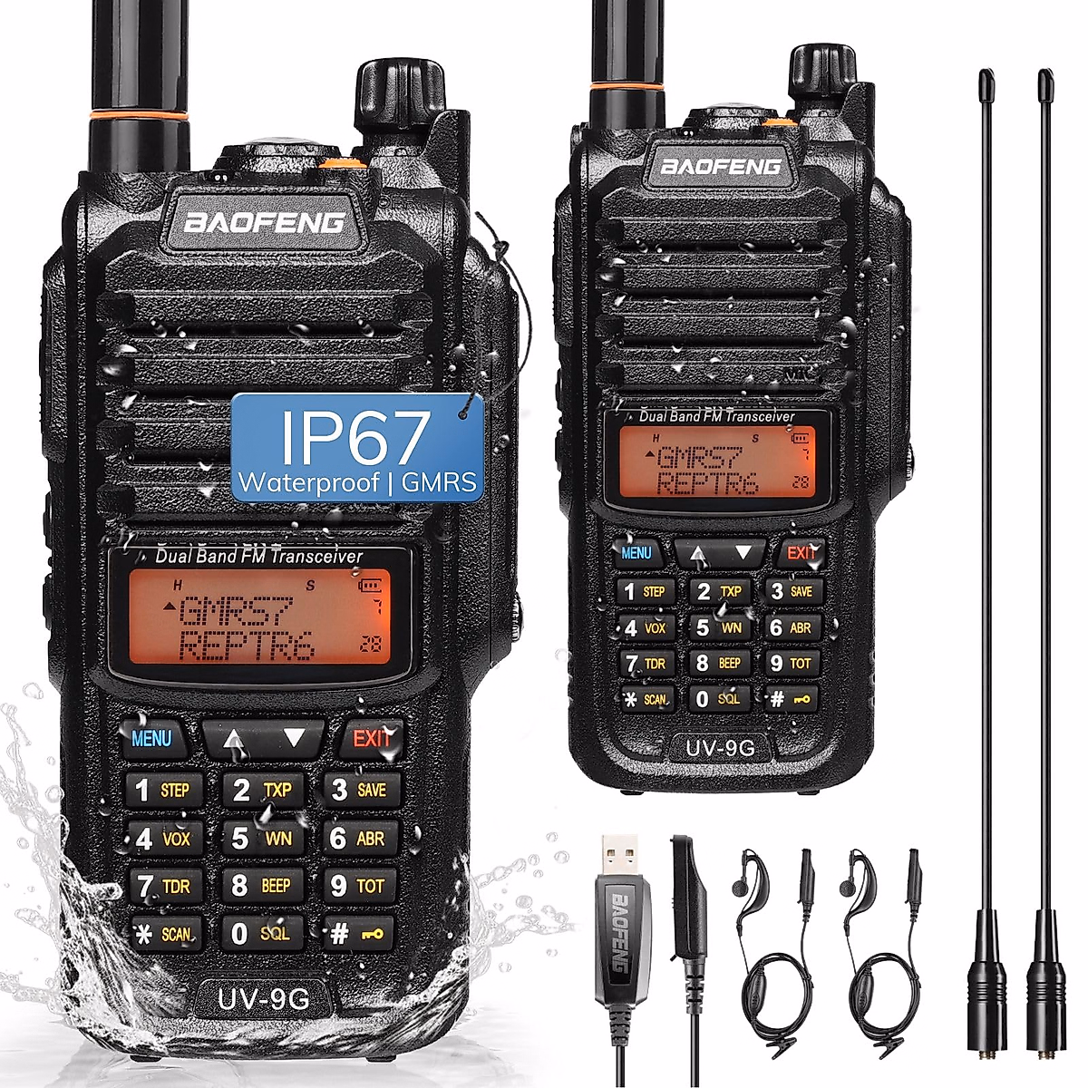 Baofeng UV-9G GMRS Radio (2 Pack), IP67 Waterproof Outdoors Two Way Radios, Long Range Rechargeable with Programming Cable and RA-MD2 Antennas, GMRS Repeater Capable, Support Chirp