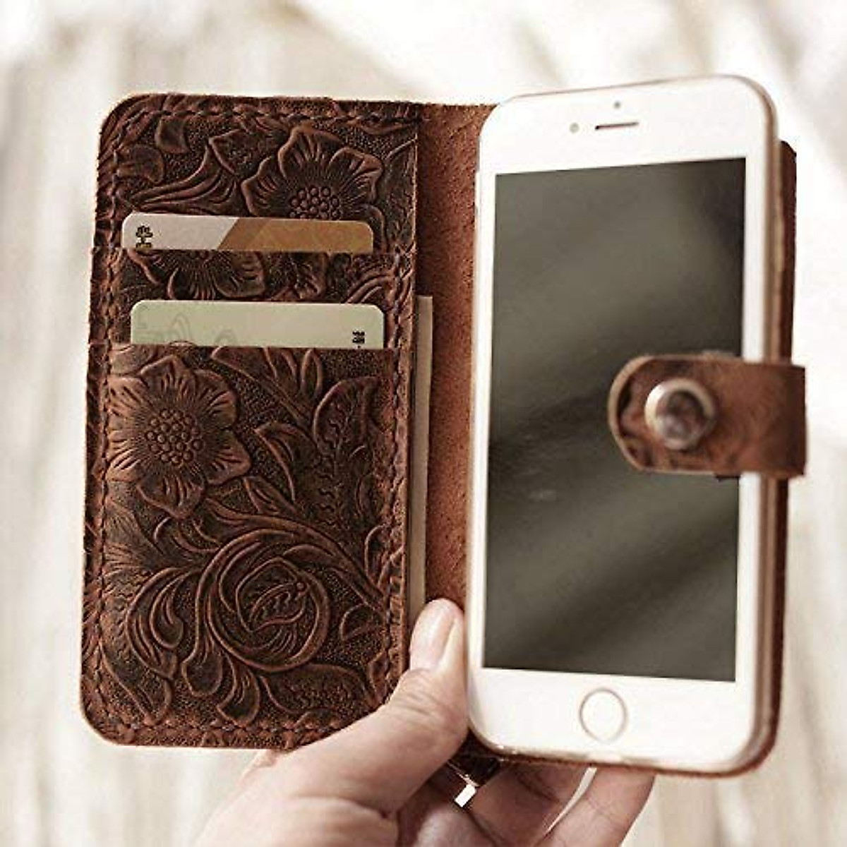 Leather iPhone XR wallet Case Handmade Wristlet iPhone XR Cover Tooled Flower Brown - 408H-6