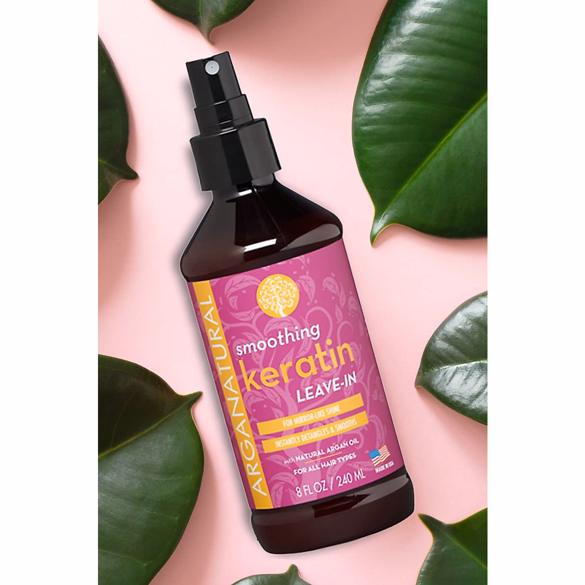 Arganatural Smoothing Keratin Leave-in Conditioner, 8 fl oz / 250 ml Spray Bottle, Smooth & Detangle Frizzy Hair