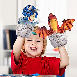 My OLi 9.5”Plush Dinosaur Hand Puppet Bundle 3 Pack of Stuffed Dinosaur with Egg for Creative Role Play Gift for Kids Toddlers Birthday Party Favor Supplies,Imaginative Play