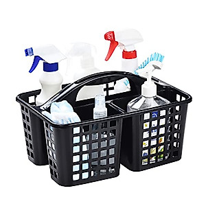 ALINK Plastic Shower Caddy Basket with Compartments, Portable Divided Cleaning Supply Storage Organizer with Handle for College Dorm Bathroom - Black