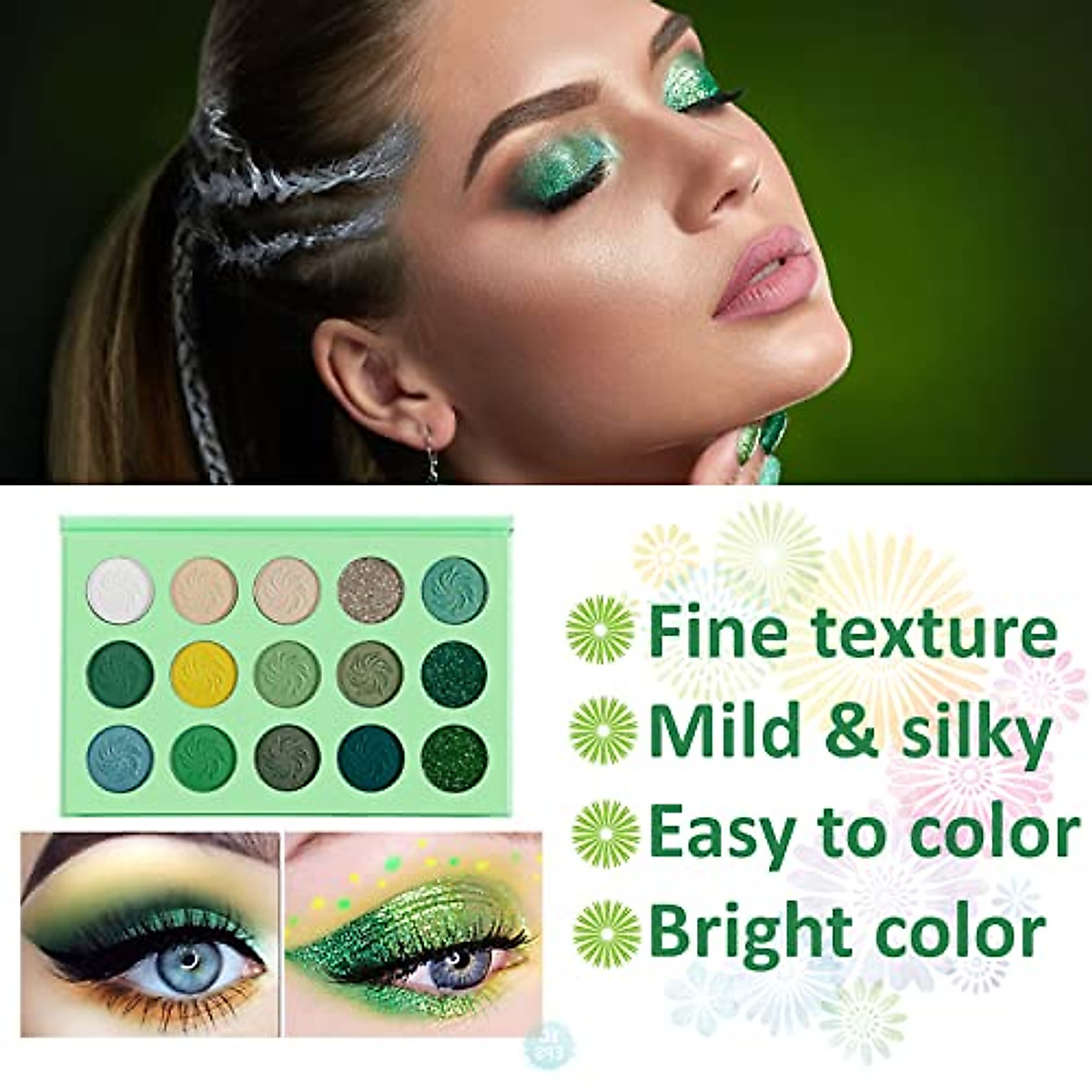 Green Eyeshadow Palette,Highly Pigmented Matte Glitter Eyeshadow,15 Shades Colorful Metallic Glitter Matte Eye Shadow Palette,Long Wear Green Emerald Yellow Makeup Palette Eyeshadow Forest for Women