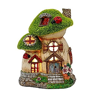 TERESA'S COLLECTIONS Mushroom Garden Statues with Outdoor Solar Light, Green Flocked Fall Decorations for Home, Resin Fairy House Accessories Outdoor Fall Decor Yard Lawn Ornaments Gifts for Mom 6.6“
