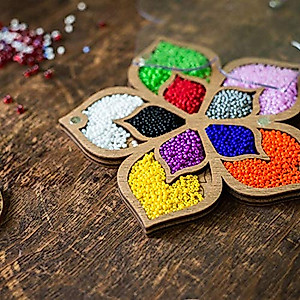Lonjew Wood Bead Organizer Tray with Lid Supply Storage Jewelry Making Gift, Bead Container, Needle Magnet, Beadwork Accessory, Small Clear Cover, Beads Wood Flower Storage