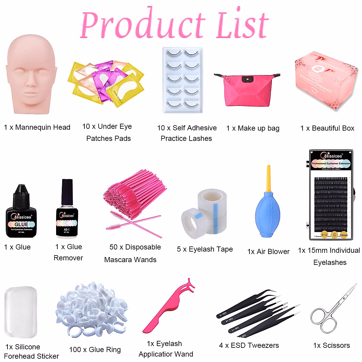 Eyelash Extension kit, Missice Professional Eyelashes Kit False Eyelashes Extension Glue Tool Practice Kit for Makeup Practice Eye Lashes Graft with Mannequin Training Head