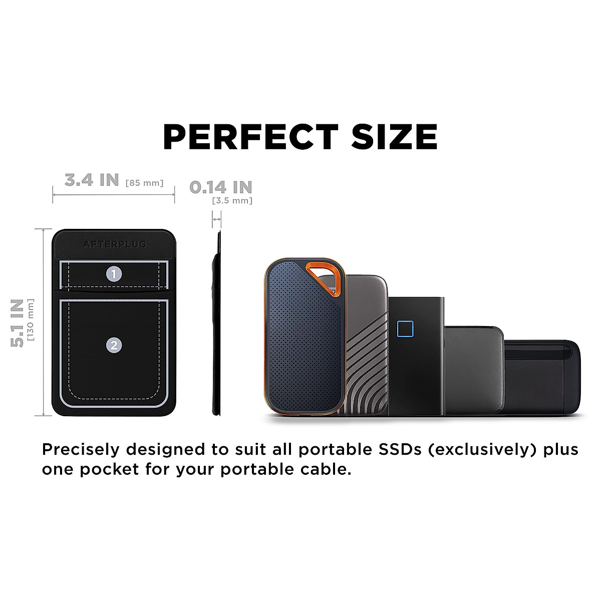 Afterplug 2-Pocket Pouch for Laptop with Reusable Adhesive, for Portable External SSD SanDisk, Samsung T7, Crucial X8, Apple Magic Mouse, Ledger Nano, USB Cable - Black