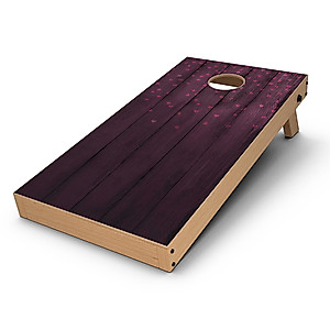 Design Skinz Wood Skin Set for Cornhole (Skin Only) - Falling Micro Hearts Over Burgundy Planks of Wood
