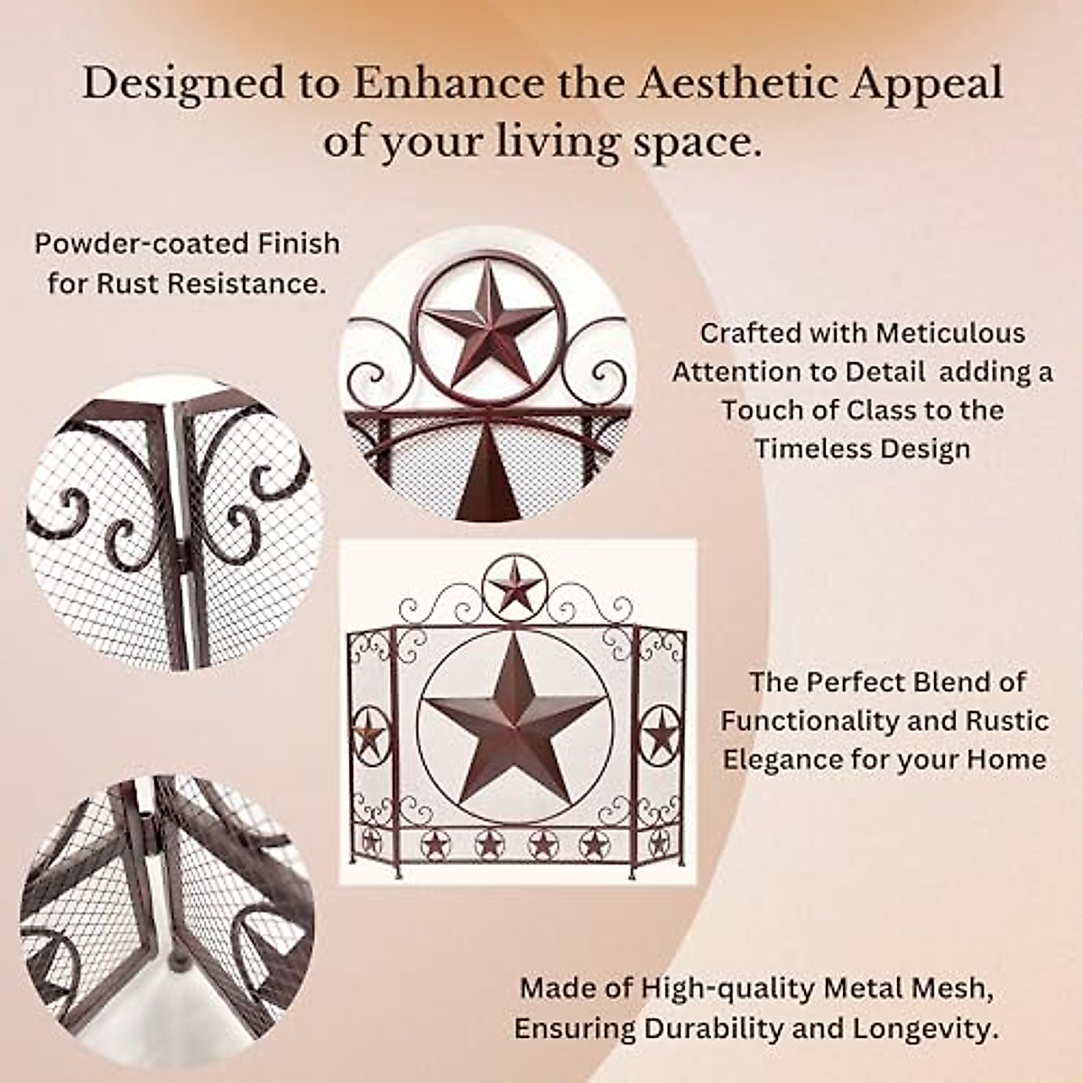 BestGiftEver 3-Panel Fireplace Screen Decorative with Rustic Brown Star Detail - Stand Alone Fireplace Cover Metal Mesh Screen - Home Decor for Cabin, Lodge, and Rustic Country Style Firescreen