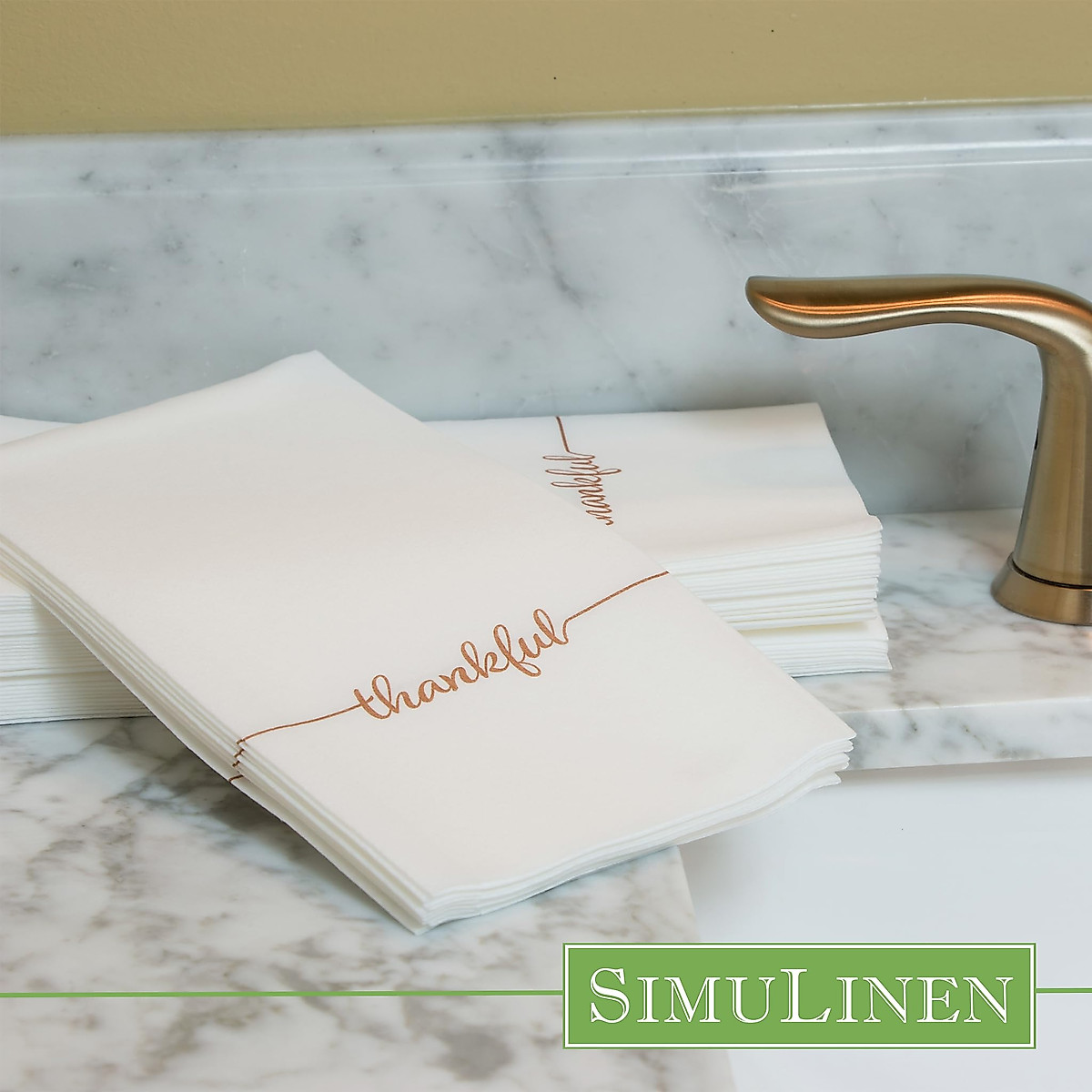SimuLinen Paper Towels - Hand Towels for Bathroom - Decorative Rose Gold Thankful Design –- Cloth-Like, Linen-Feel for Guest Bathroom Essentials, Size: 12x17” (Pack of 100) Made in USA