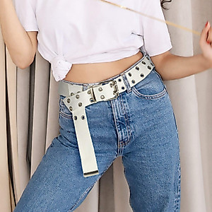 Geyoga 2 Pieces Double Grommet Canvas Belts Two-Hole Jeans Vintage Buckle Punk Belts for Men and Women (White and Black,100 cm)