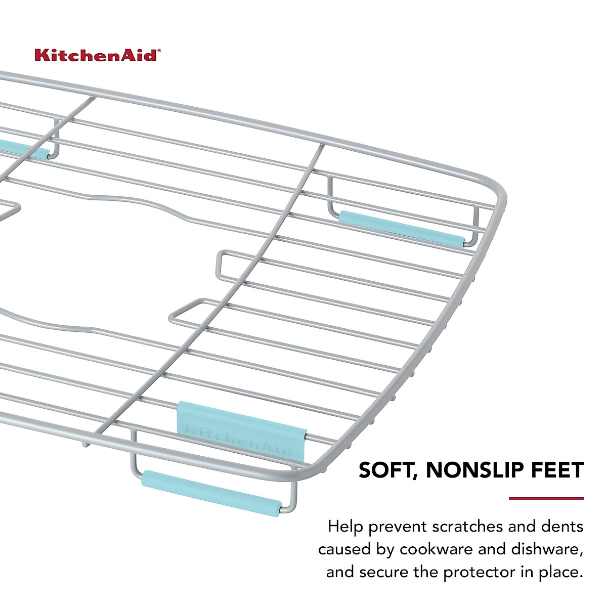 KitchenAid Rust Resistant Small Protector with Non Slip Feet and Center Opening for Sink Stopper and Quick Drying, 10.5 x 12.5 x 1.4 Inch, Mineral Water