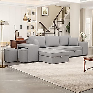 P PURLOVE Sectional Sofa with Pull-Out Sleeper Sofa Bed, Reversible Sectional Sofa with Storage Chaise and 2 Stools, L Shaped Couch Set for Living Room Apartment, Gray