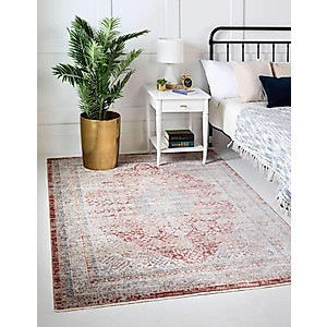 Unique Loom Noble Collection Country, Traditional, Distressed, Vintage, Geometric, Border Area Rug, 8' 0" x 9' 11", Red/Ivory