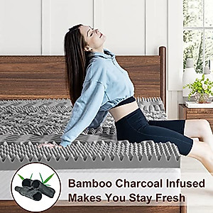 UniPon 3 Inch Egg Crate Memory Foam Mattress Topper, Charcoal Infused Mattress Topper, 7 Zones Foam Bed Topper, CertiPUR-US Certified (Queen)
