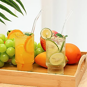 Moretoes Glass Cups, 6pcs,12oz, Ribbed Glassware with Straws Glass, Iced Coffee Cups, Cute Vintage Drinking Glasses Set