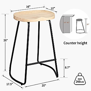 HeuGah Bar Stools, Solid Wood Barstools Set of 2, 26" Counter Height Bar Stools with Metal Leg,Rustic Backless Bar Stools for Kitchen Island,Bar Chairs with Solid Wood Saddle Seat (Burlywood, 26 Inch)