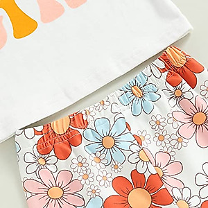 Toddler Baby Girl Outfit Letter Rainbow Short Sleeve T-Shirt Tops Flower Flared Pants Bell Bottoms 2Pcs Clothes Set 1-6Y (Orange C, 3-4 Years)