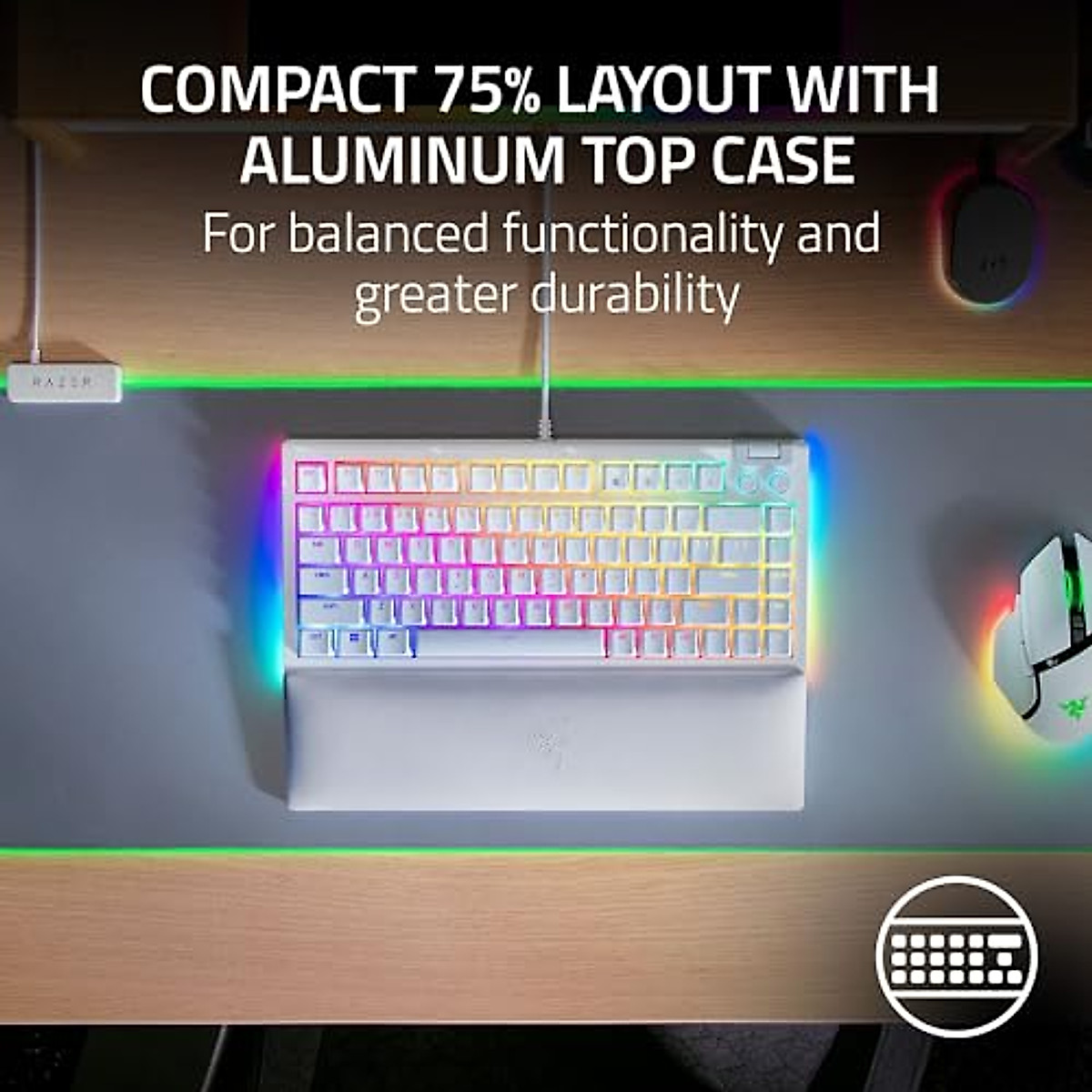 Razer BlackWidow V4 75% Mechanical Gaming Keyboard: Hot Swappable Design - Compact & Durable - Orange Tactile Switches - Chroma RGB - Roller & Media Keys - Wrist Rest Snap Tap - White