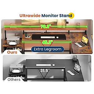 UPOSOJA L Shaped Gaming Desk with Power Outlet, 78" Reversible Corner Computer Desk with File Drawers & LED Strip, Home Office Desk with Storage Shelves Monitor Shelf CPU Stand Mouse Pad Brown