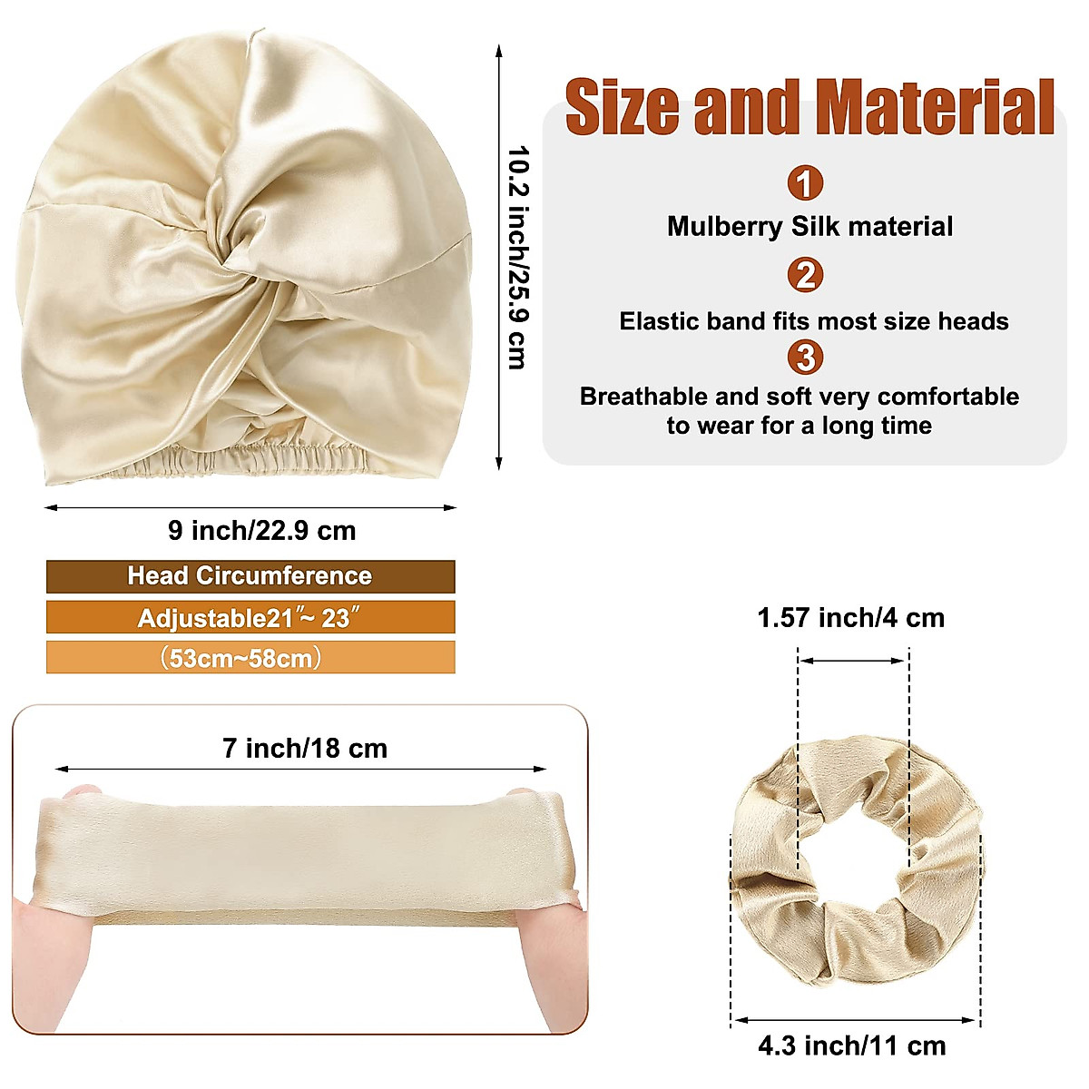 Geyoga 6 Pcs Reusable Large Silk Bonnet Hair Wrap for Sleeping, Natural Silk Scrunchy, Soft Scrunchies, Silk Ponytail Holder for Women's Hair Care (Black, Beige)