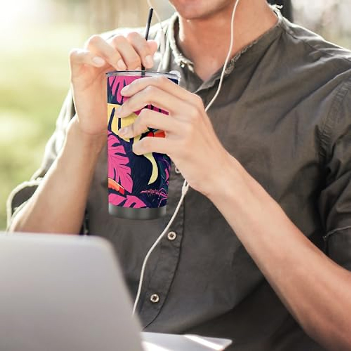 QWEUIOP 20oz Insulated Travel Coffee Mug Toucan Pattern Summer Stainless Steel Tumbler with Lid Double Wall Vacuum Coffee Cup For Hot and Cold Drinks14327