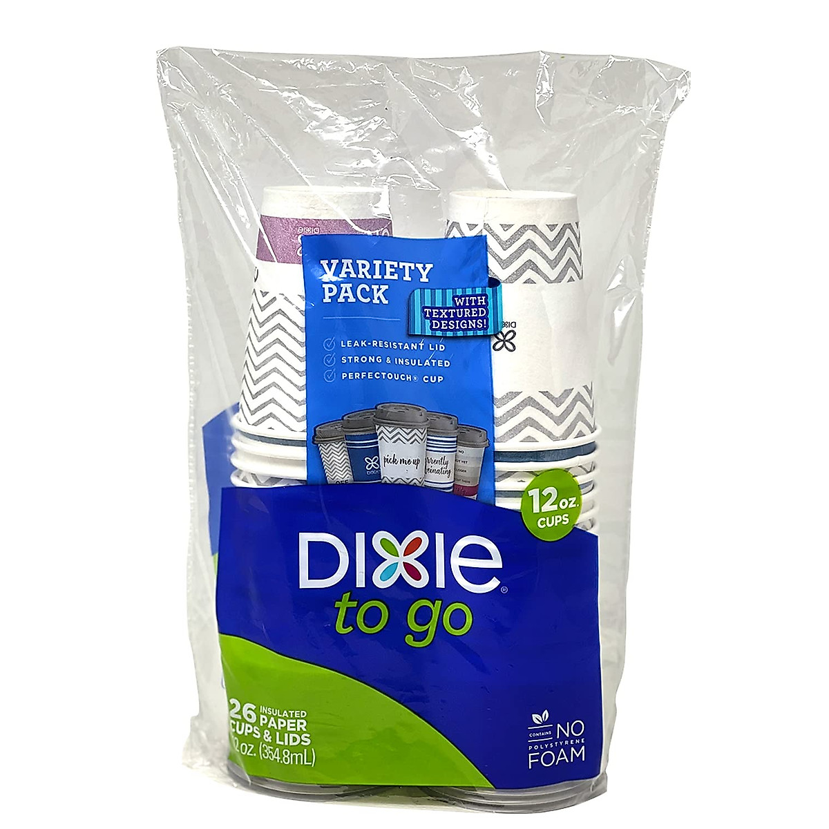 DuraCasa Straws and Dixie To Go Perfectouch Paper Cups and Lids Combo Pack of 26 Count, 12 ounce, Hot Beverage Cups & Lids, Assorted Designs, Disposable Paper Coffee Cups & Lids (26 Ct, 12 Ounce)