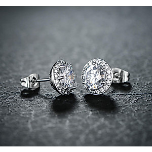 Gold Plated Cubic Zirconia Stud Earrings, Simulated Diamond Halo Stud Earrings with Large 7mm and 18pcs Small Bright CZ Earrings