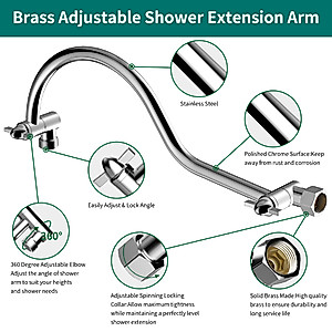 All Metal 16 Inch Solid Brass Adjustable Curved Shower Head Extension Arm Flexible Height & Angle Shower Arm Extender with Lock Joints,Universal Connection Stainless Steel Pipe Height Extending,Chrome