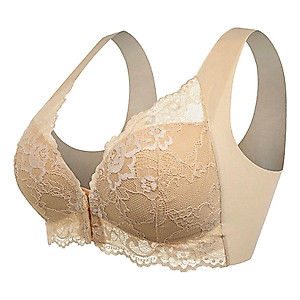 Plus Size Front Closure Breathable Gathered Lift Up Cups Bra for Women Lovely Posture Bras Shaping Push Up Seamless Wireless Comfy Bra Skin Friendly Smoothing Lace-Trim Bras Nude 40D